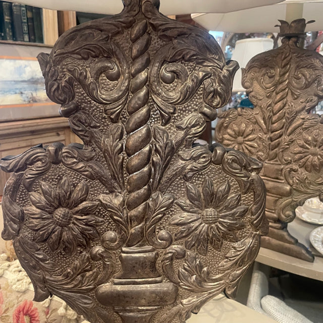 pair of urn motif laminated embossed tin facade lamps – Re Antiques